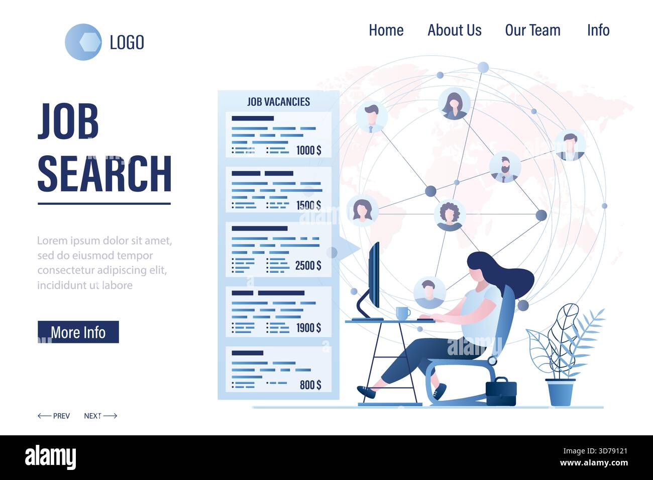 Job search landing page. Vacancies list and woman employee chooses job ...