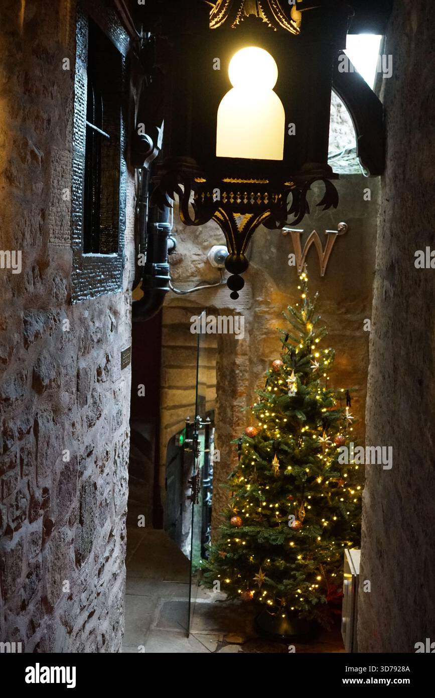 Christmas tree and warm lantern light in a narrow stone alley in ...