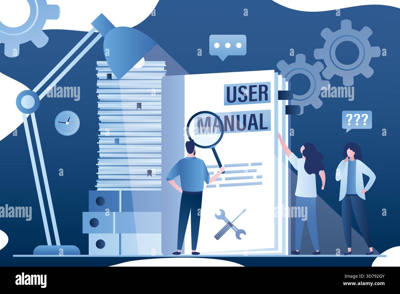 User manual concept banner. Business People reading guide instruction ...