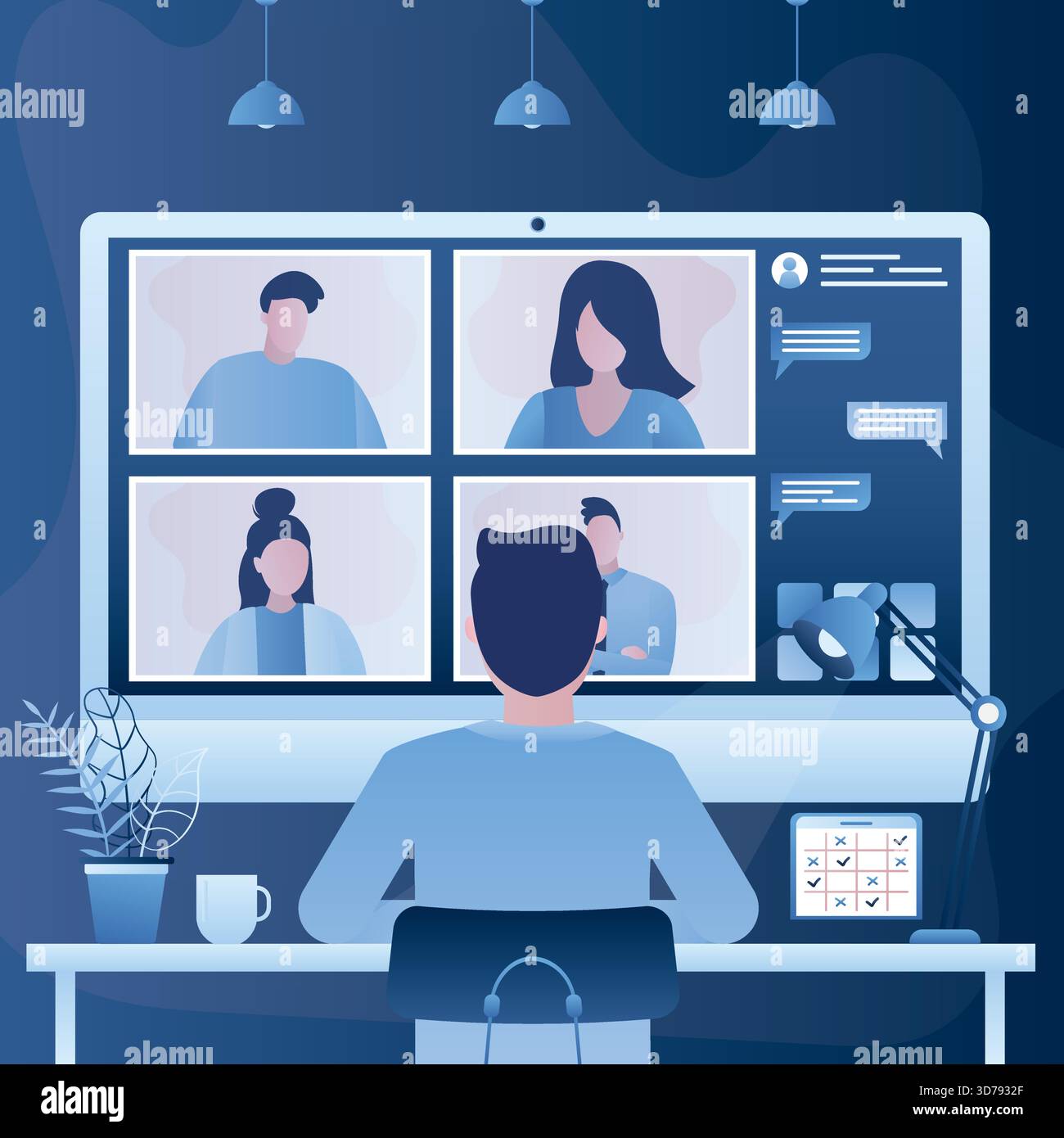 Businessman or man employee sits in front of monitor screen, back view ...