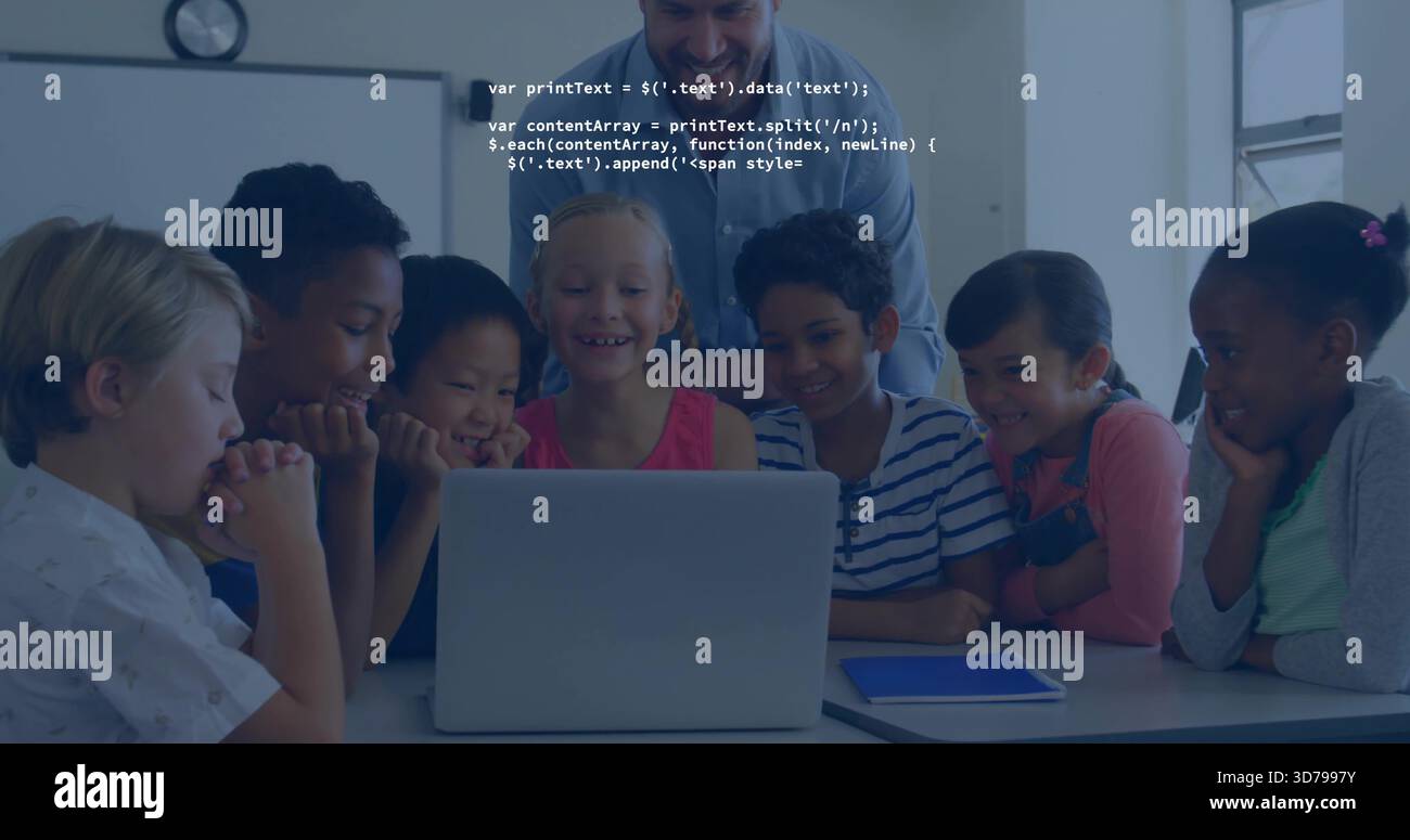 Gathering teacher and students leaning over laptop in classroom, with tablet and code overlay ...