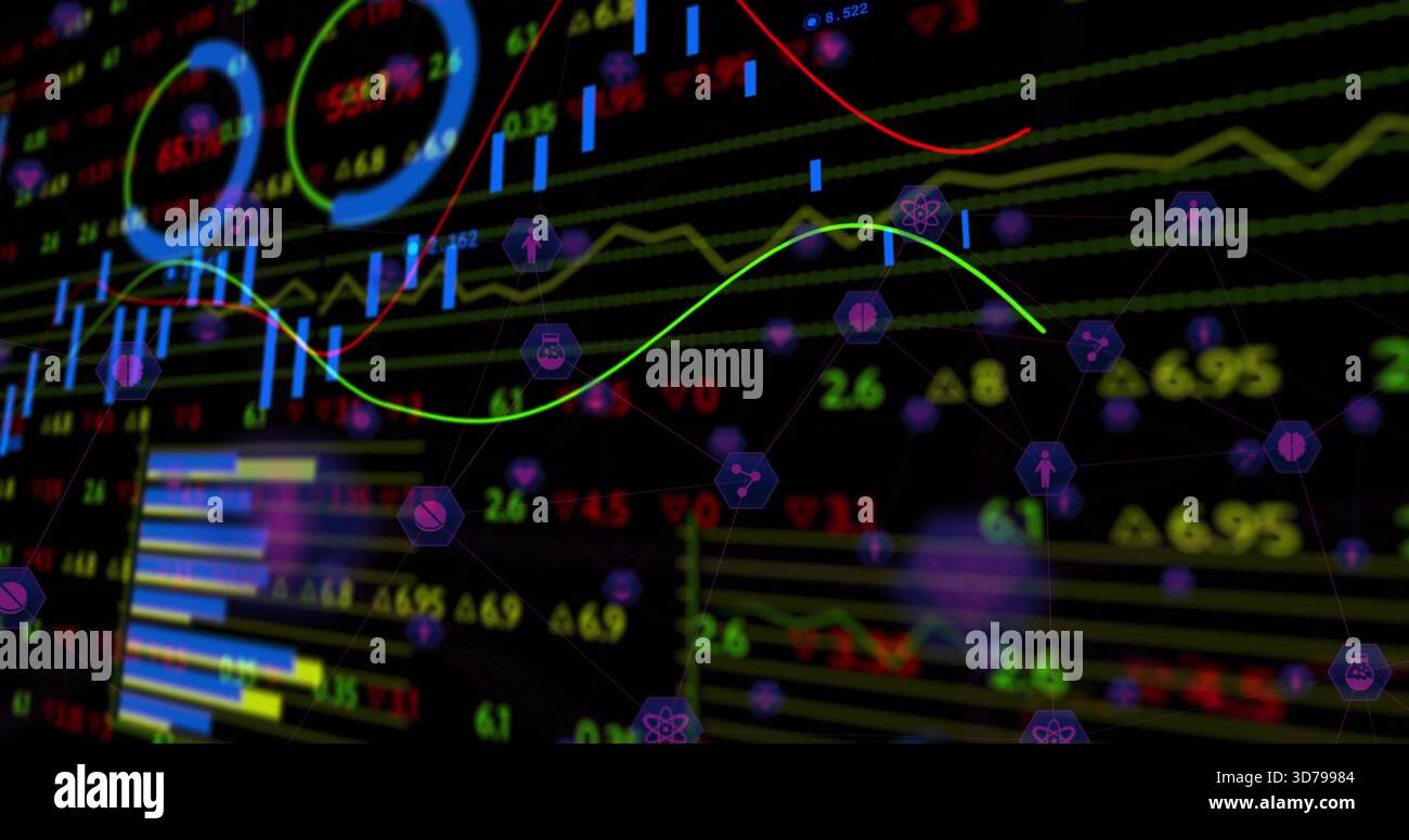 Displaying dark trading dashboard showing colored line charts, blue ...