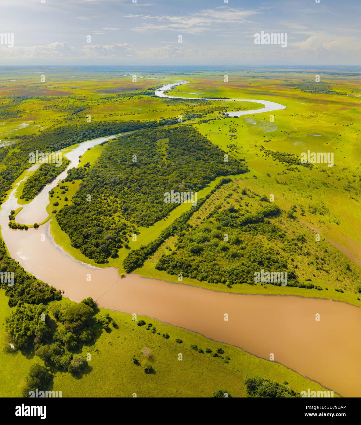 Aerial view of the winding river cutting through the vibrant green ...