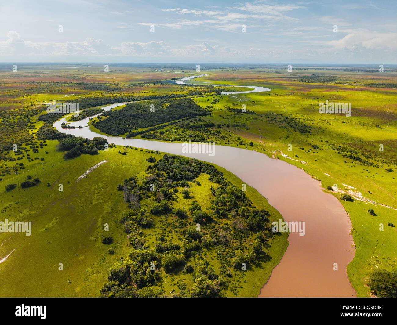 Aerial view of the winding river cutting through vibrant green fields ...