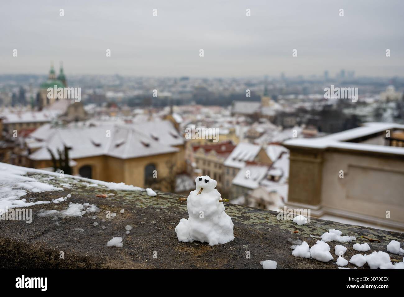 Little snowman and general view of the snow-covered roofs in background ...