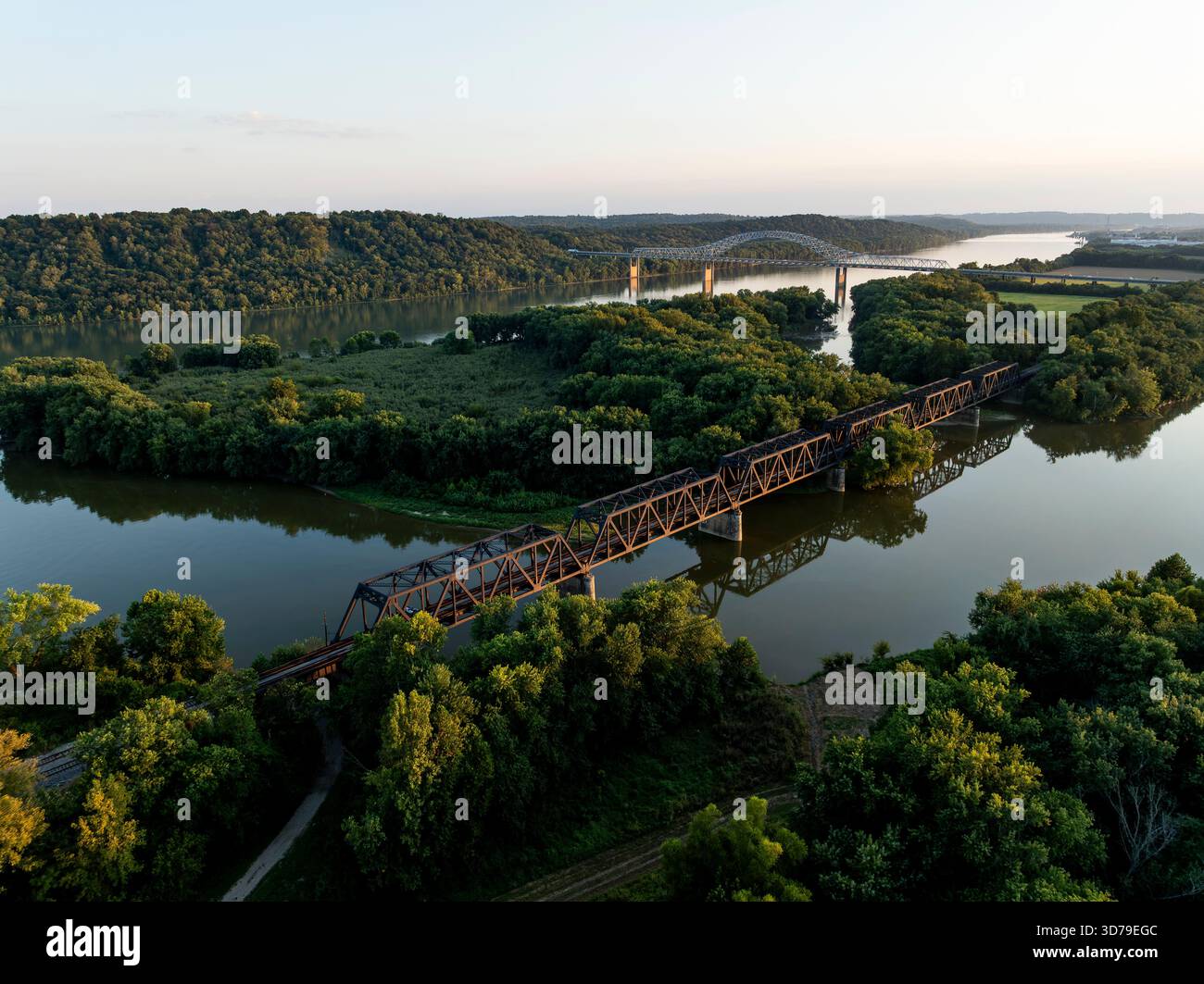 This is a sunset view of the Lawrenceburg Bridge, a through truss that ...