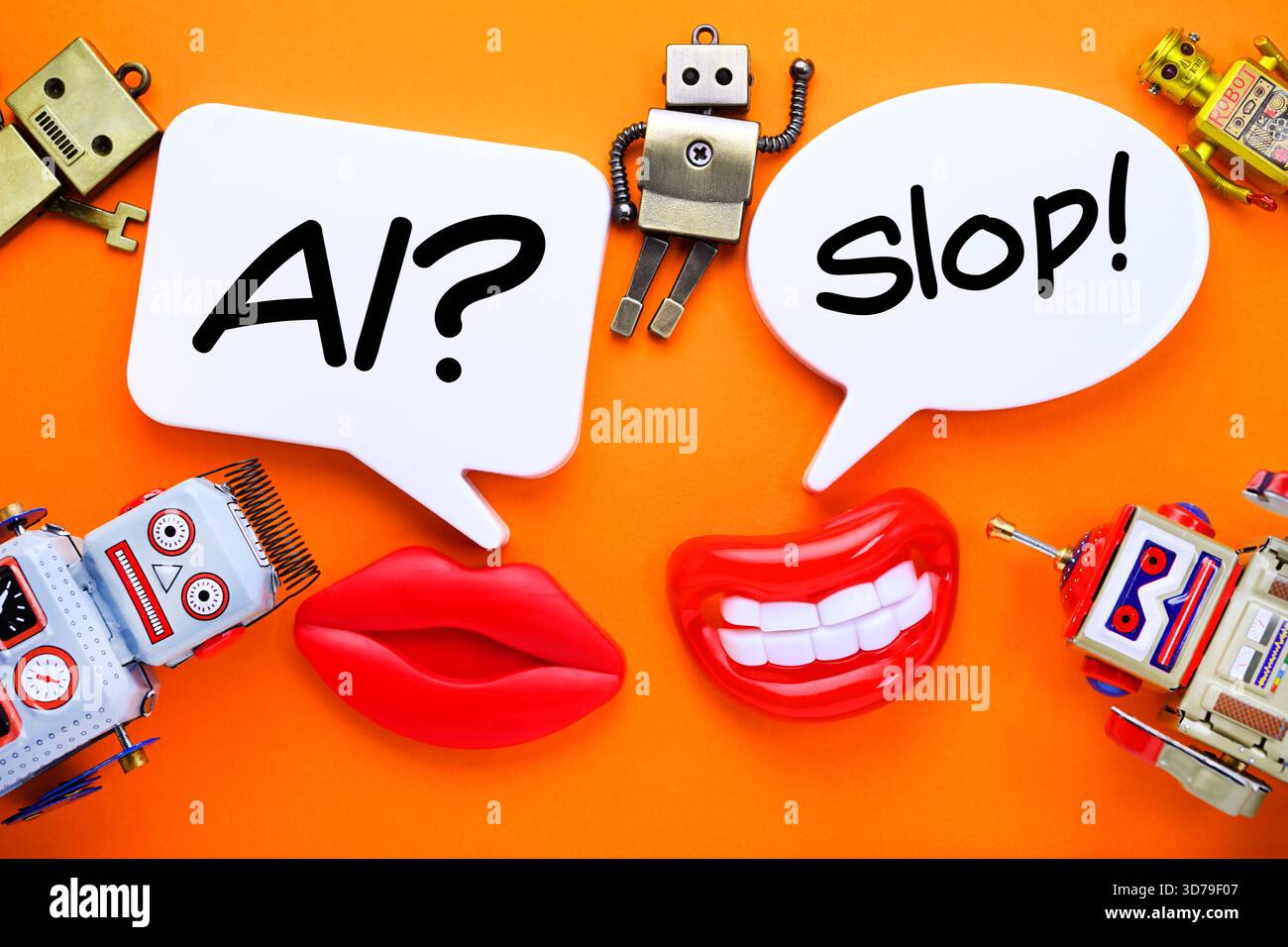 FOTOMONTAGE, Münder mit Sprechblasen und den Worten AI und Slop ...