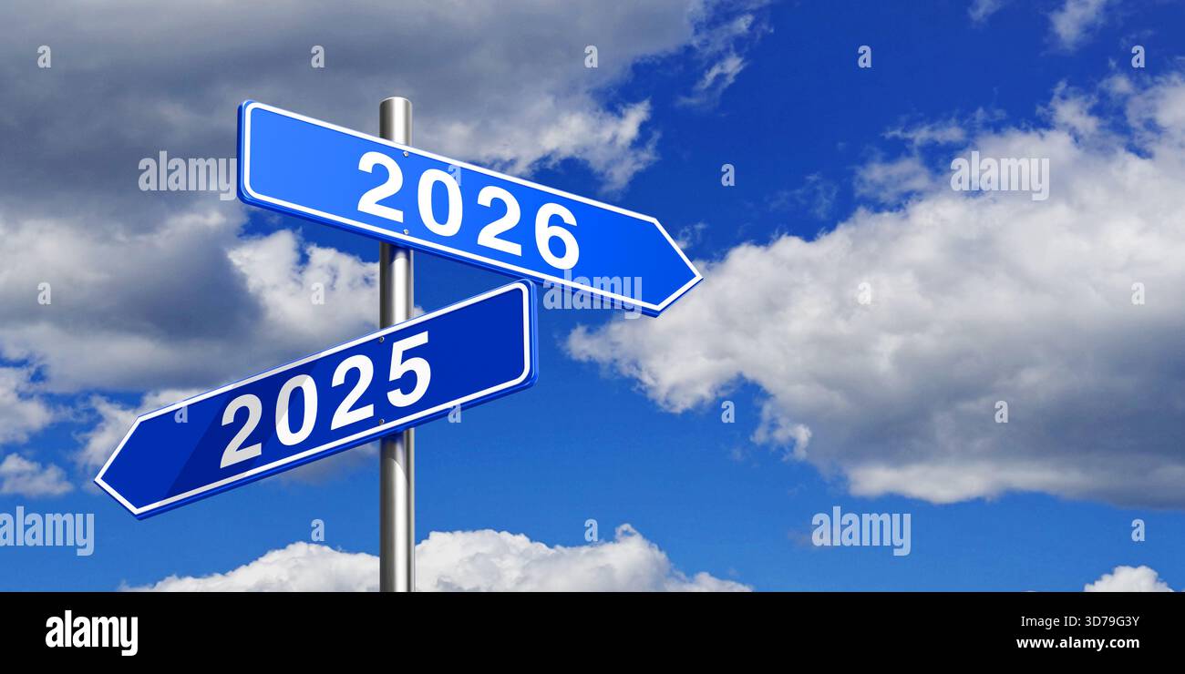Future Direction And Decision Concept. Blue Signposts Marked 2025 And ...