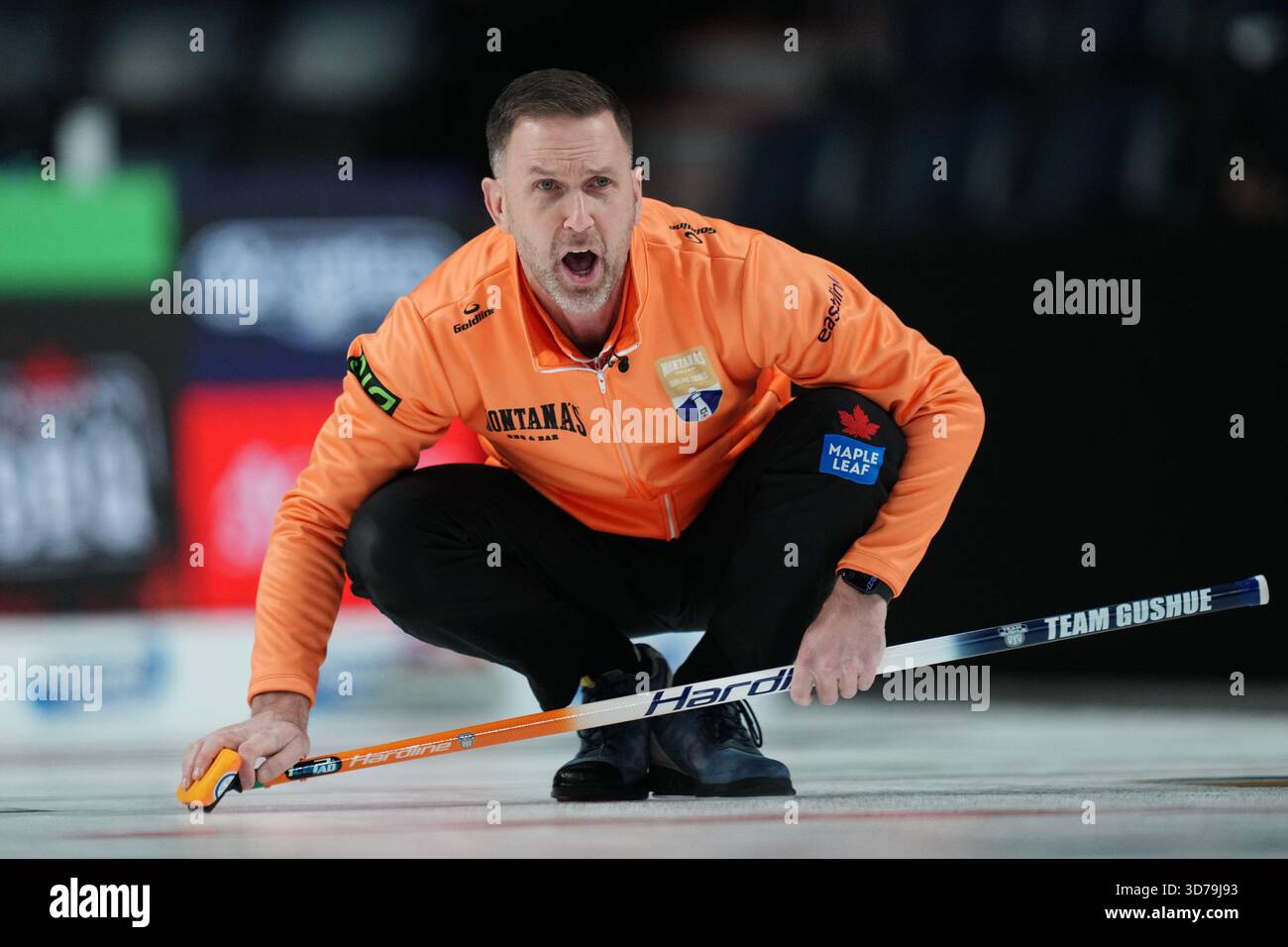 Brad Gushue yells after throwing a rock against Team Epping during Canadian Olympic curling ...