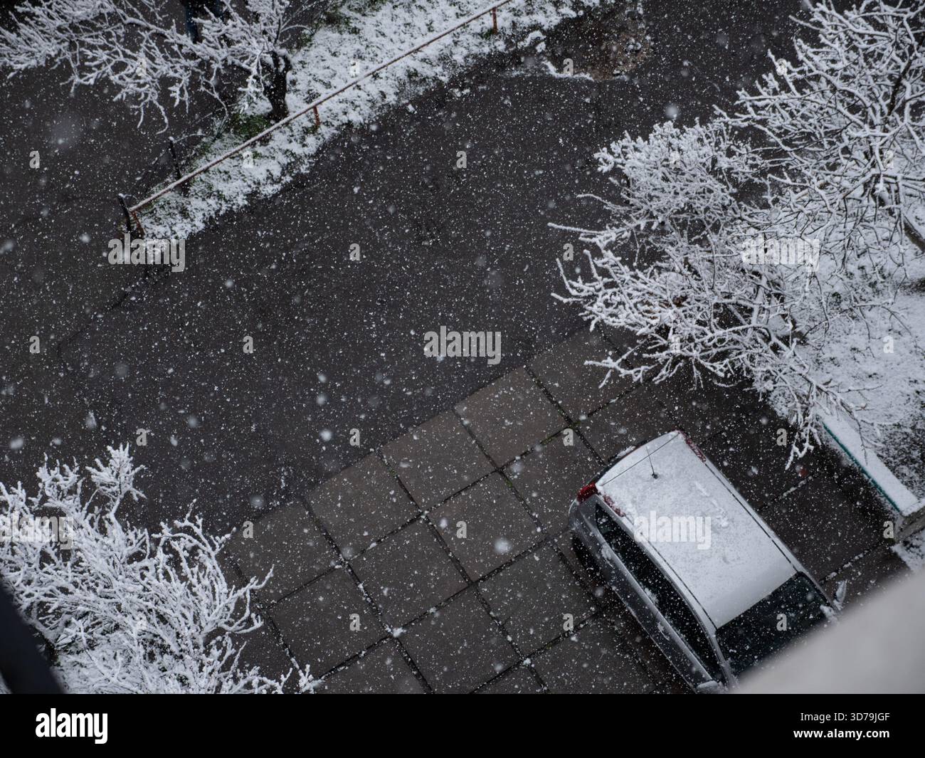 Large fluffy snowflakes falling over a square tiled building entrance ...