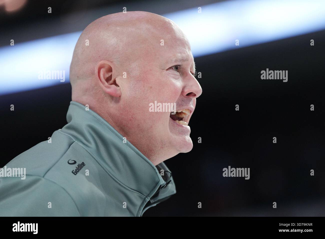 Kevin Koe yells after throwing a rock against Team McDonald during ...