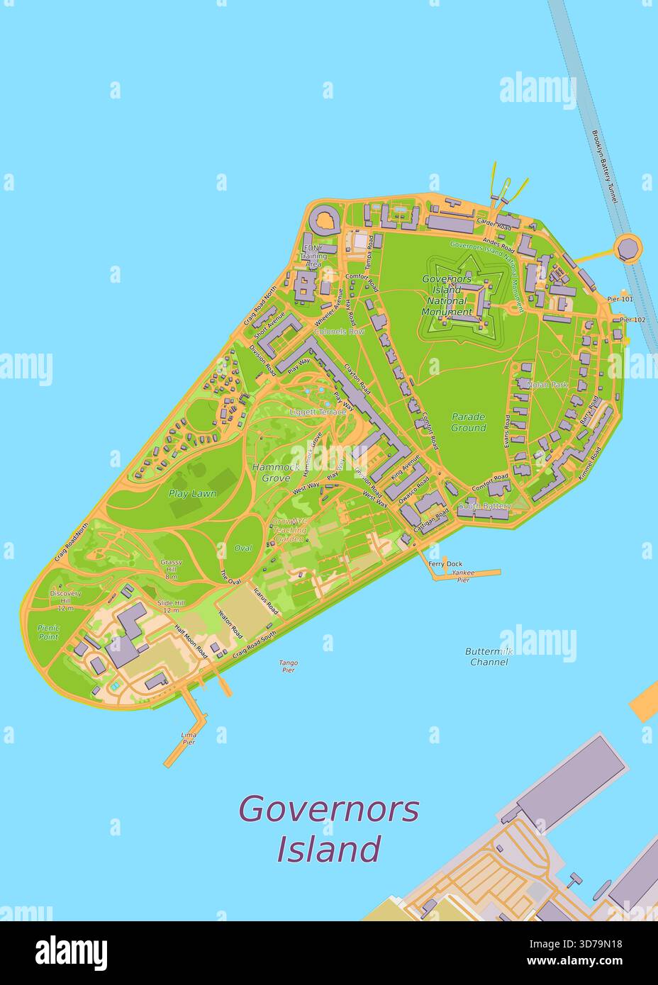 This is a detailed map of Governors Island, showing the layout of the ...