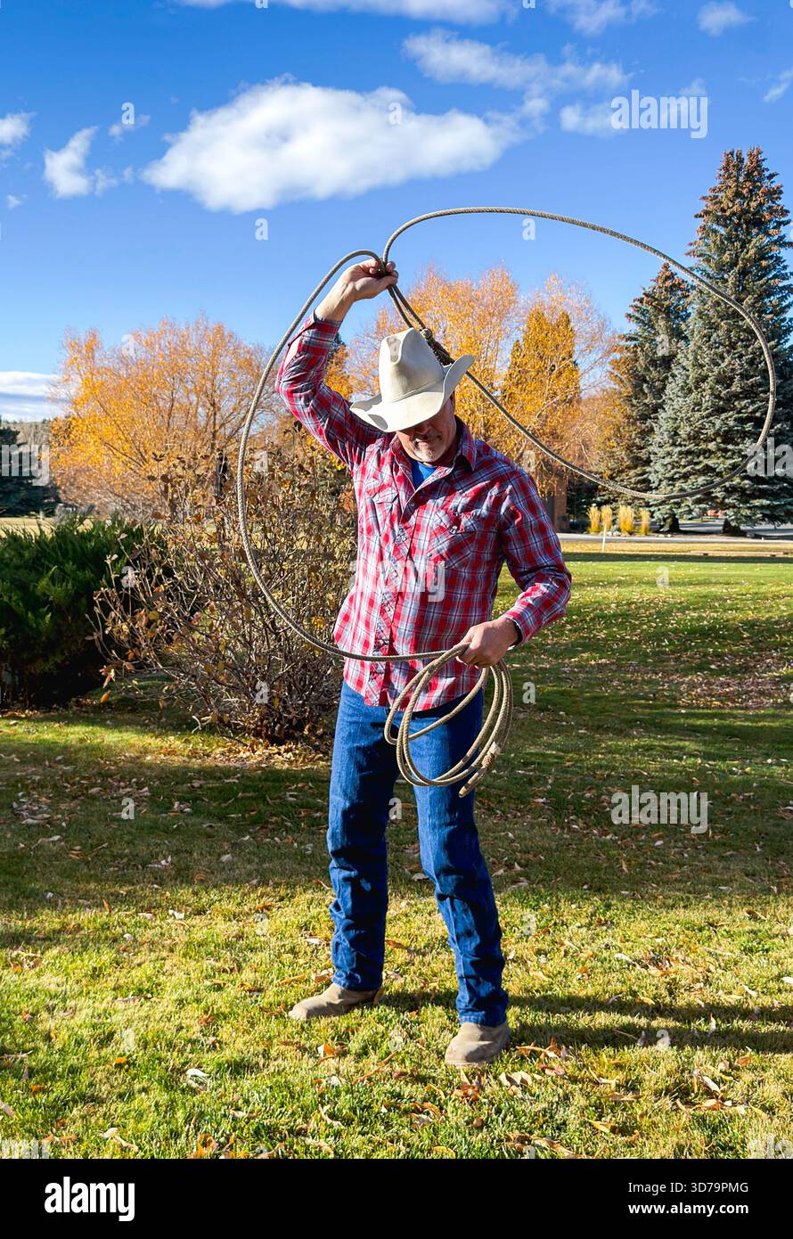 Cowboy swings rope lariat in air practicing rodeo roping & event. He ...