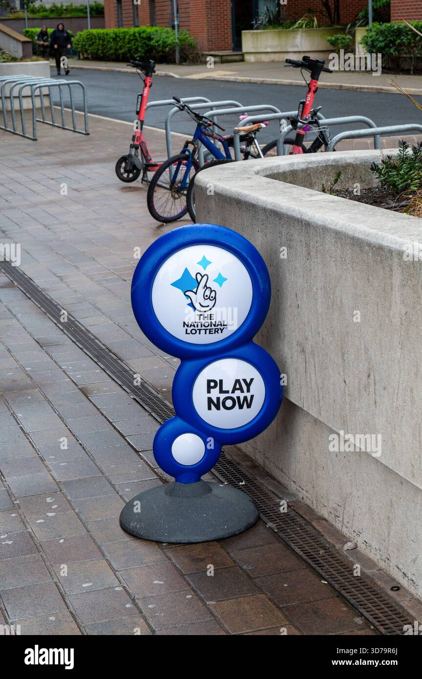 Liverpool, UK- July 18; The National Lottery play now sign in the city ...