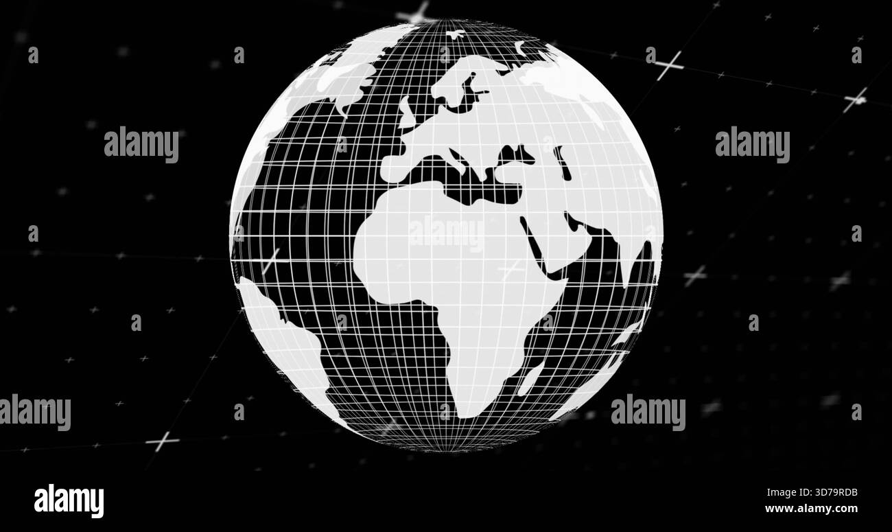 Rotating wireframe globe showing Africa Europe Mideast shapes in dark ...