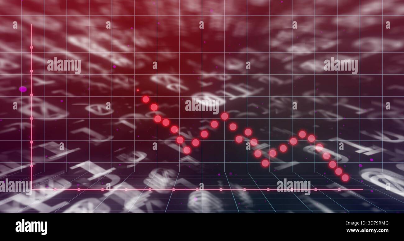 Tracing red or pink dotted downward trend line across virtual 3D grid ...