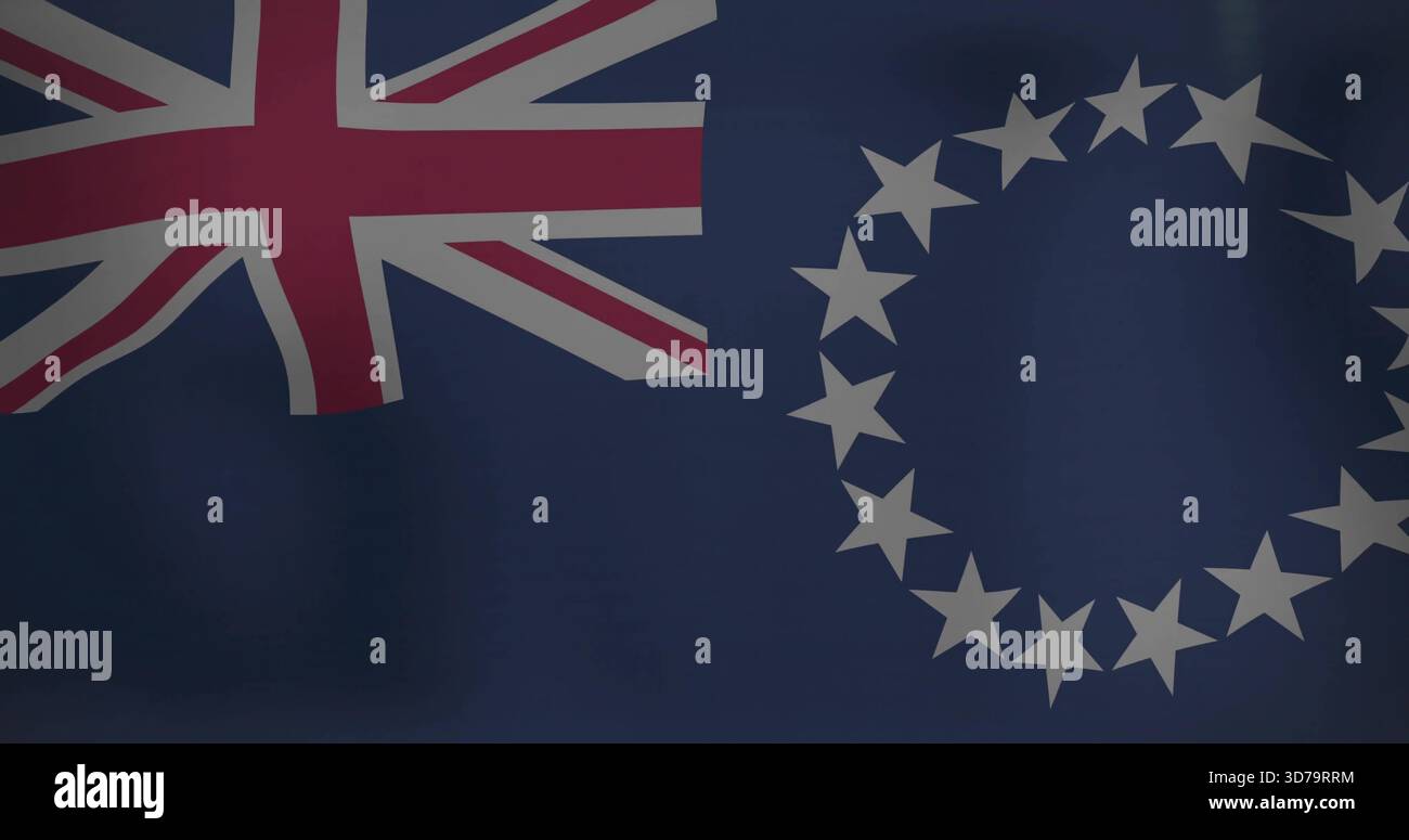 Waving navy-blue Cook Islands flag filling frame, showing Union Jack ...