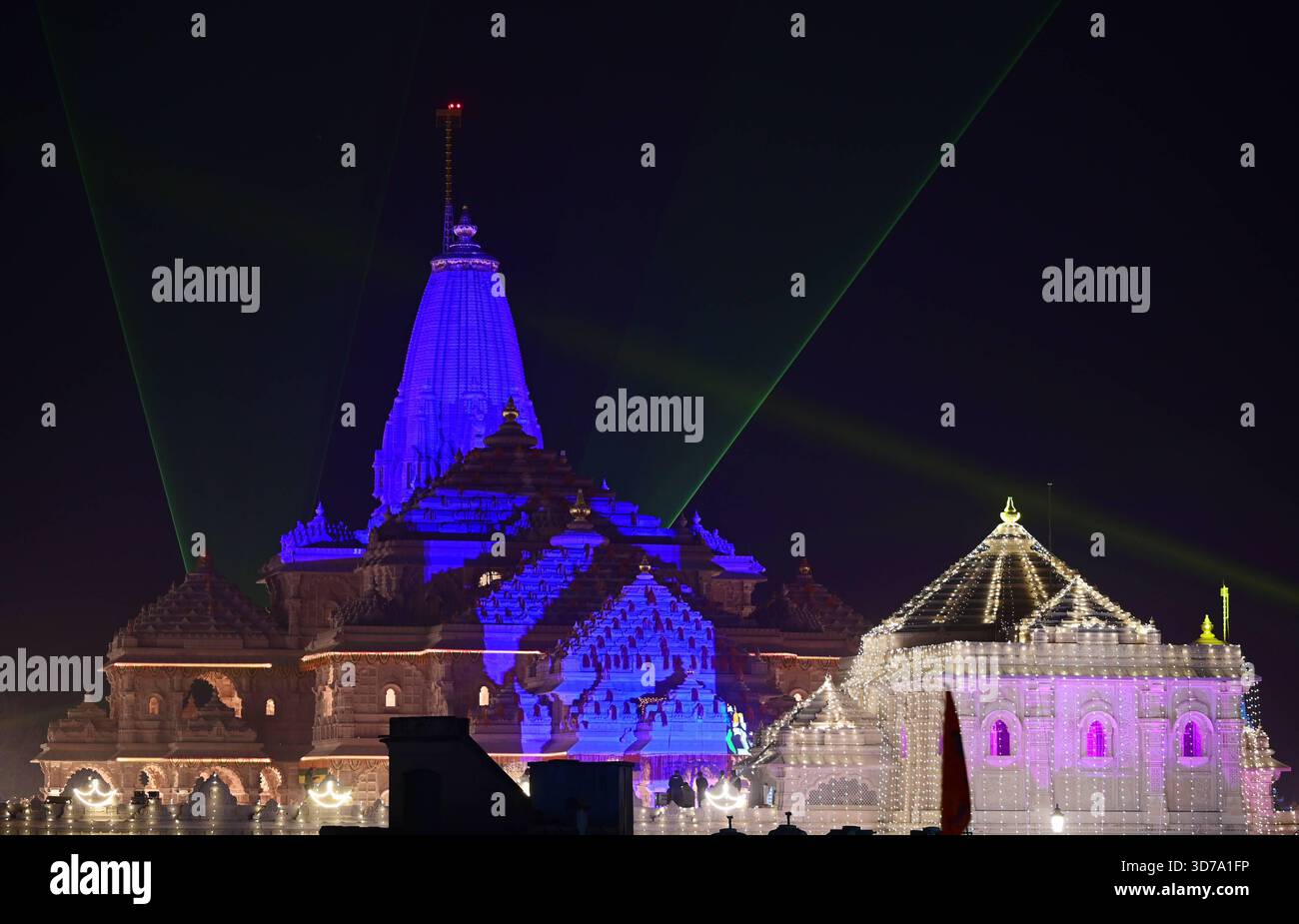 AYODHYA, INDIA - NOVEMBER 24: Shri Ram Janmabhoomi Temple illuminated ...