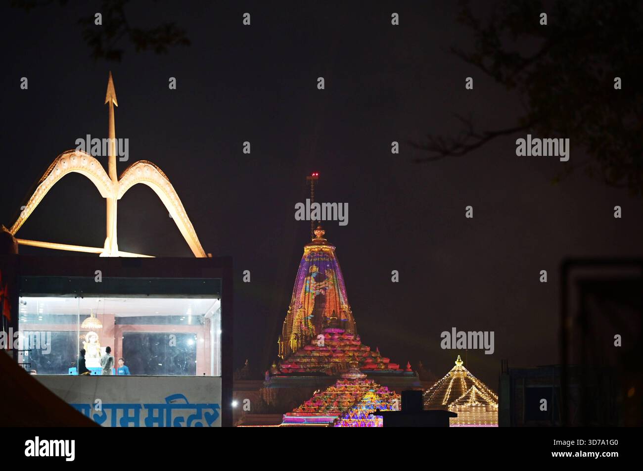 AYODHYA, INDIA - NOVEMBER 24: Shri Ram Janmabhoomi Temple illuminated ...
