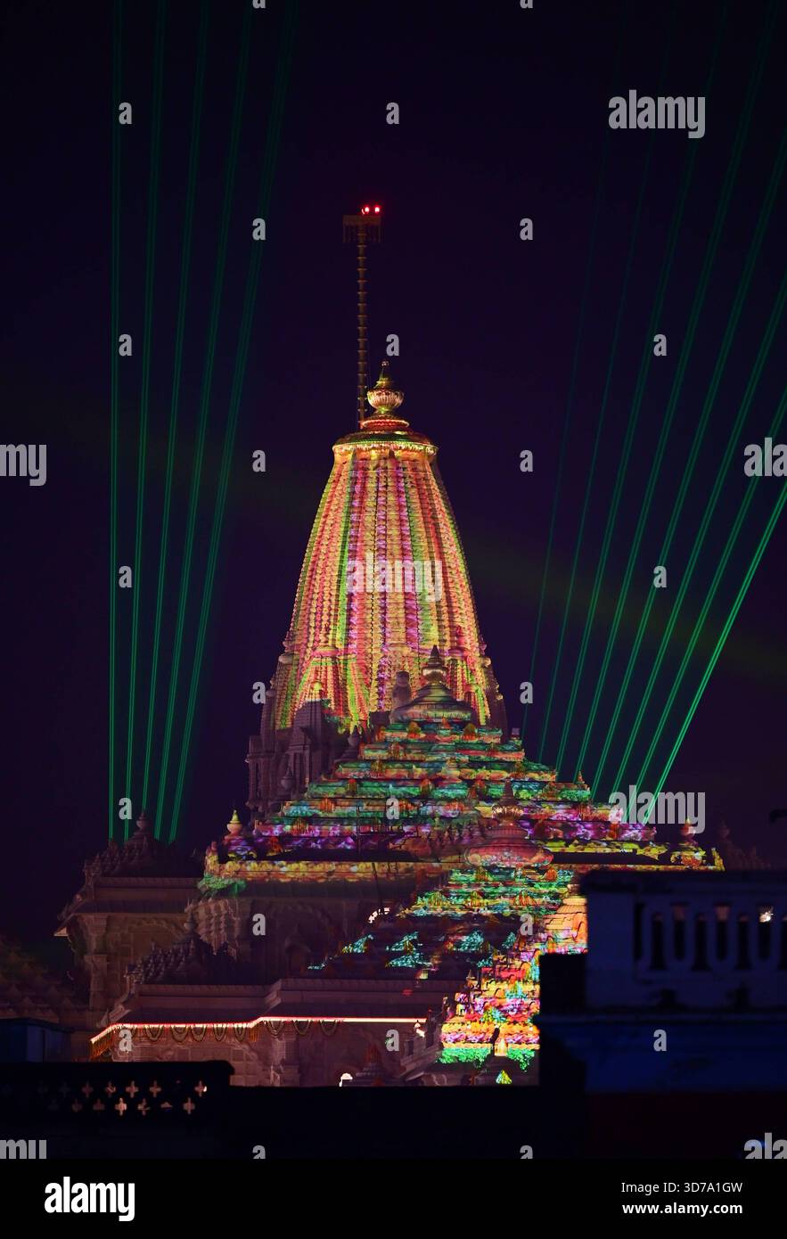 AYODHYA, INDIA - NOVEMBER 24: Shri Ram Janmabhoomi Temple illuminated ...