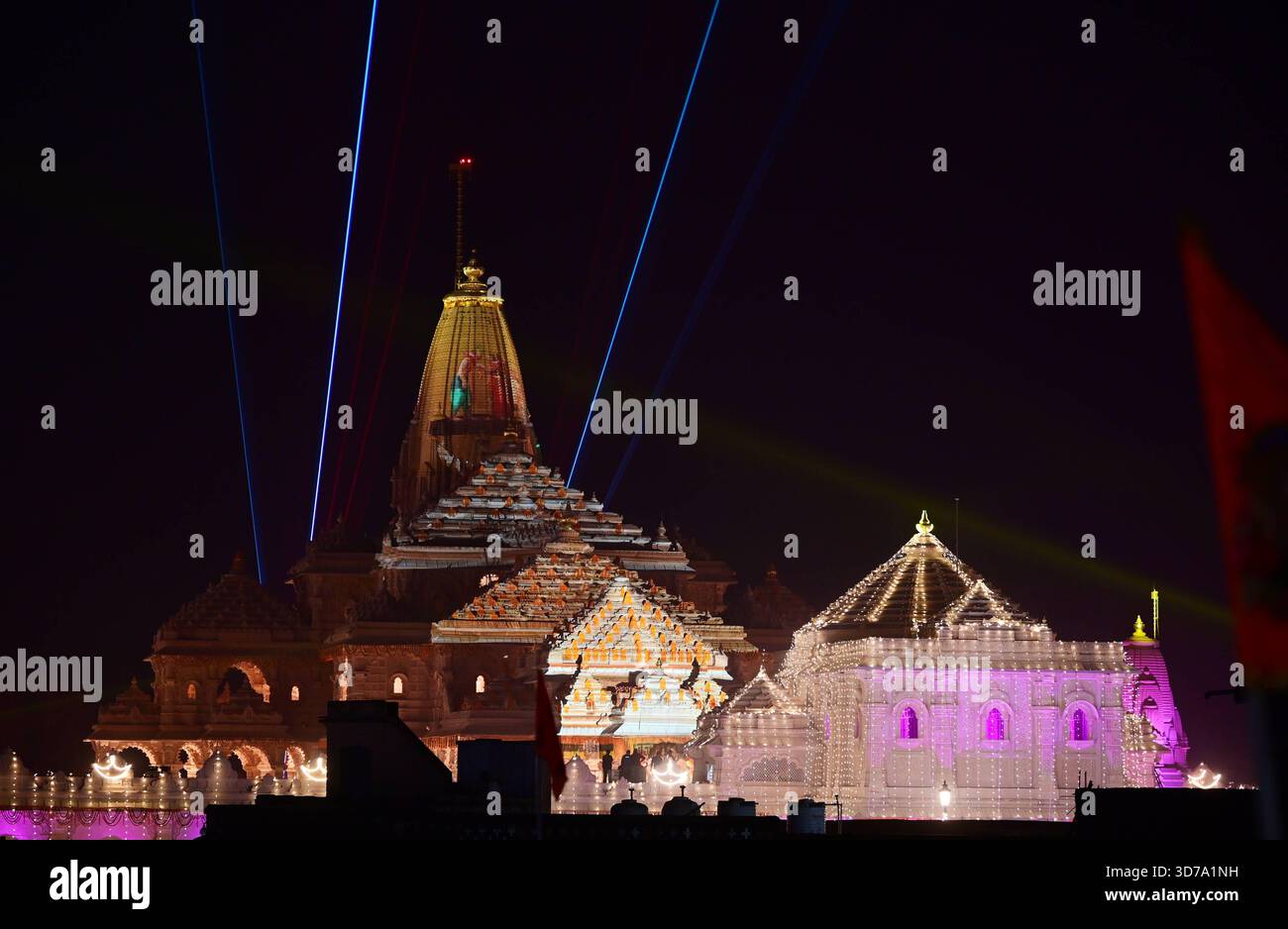 AYODHYA, INDIA - NOVEMBER 24: Shri Ram Janmabhoomi Temple illuminated ...