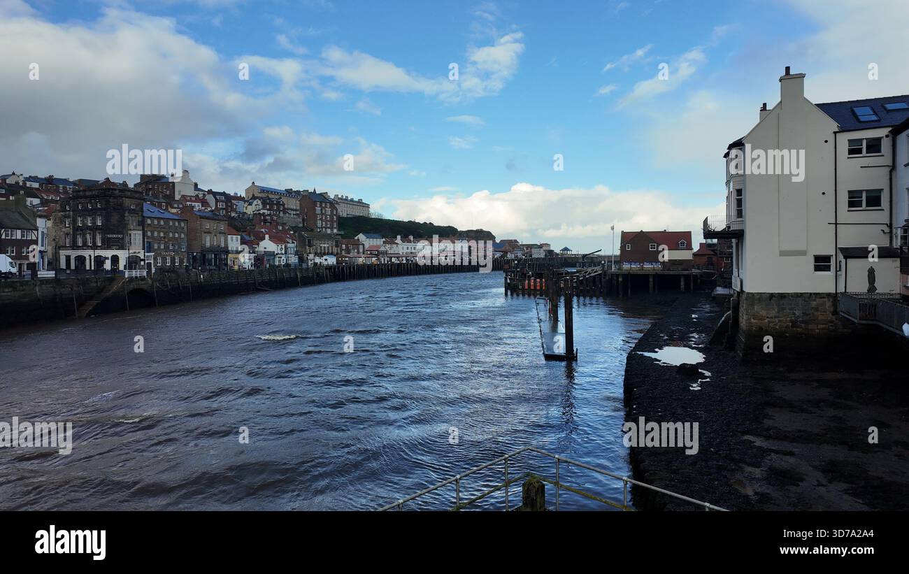 Port of Whitby and the river Esk, British seaside town in North ...