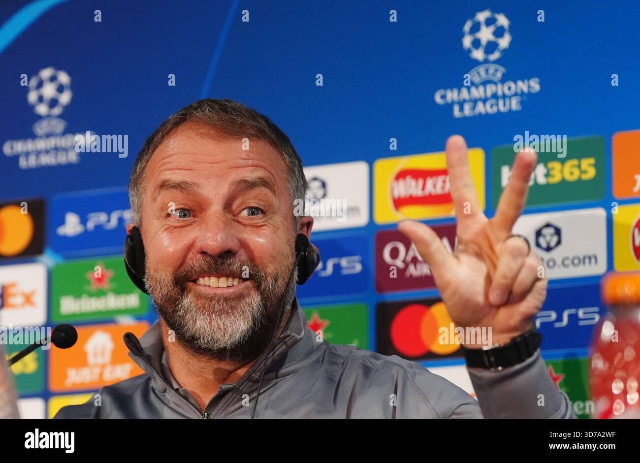 Barcelona manager Hansi Flick during a press conference at Stamford ...