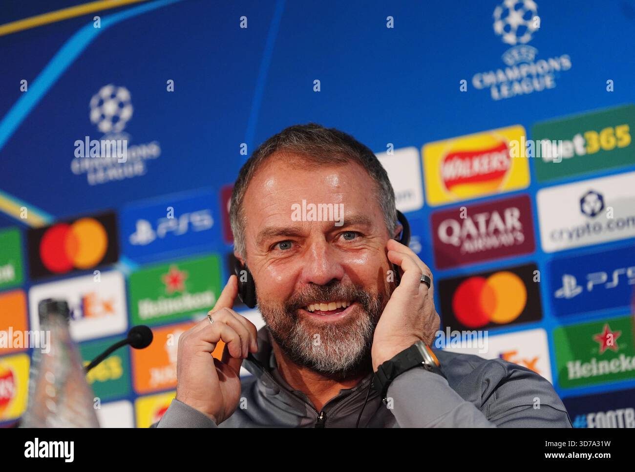 Barcelona manager Hansi Flick during a press conference at Stamford ...