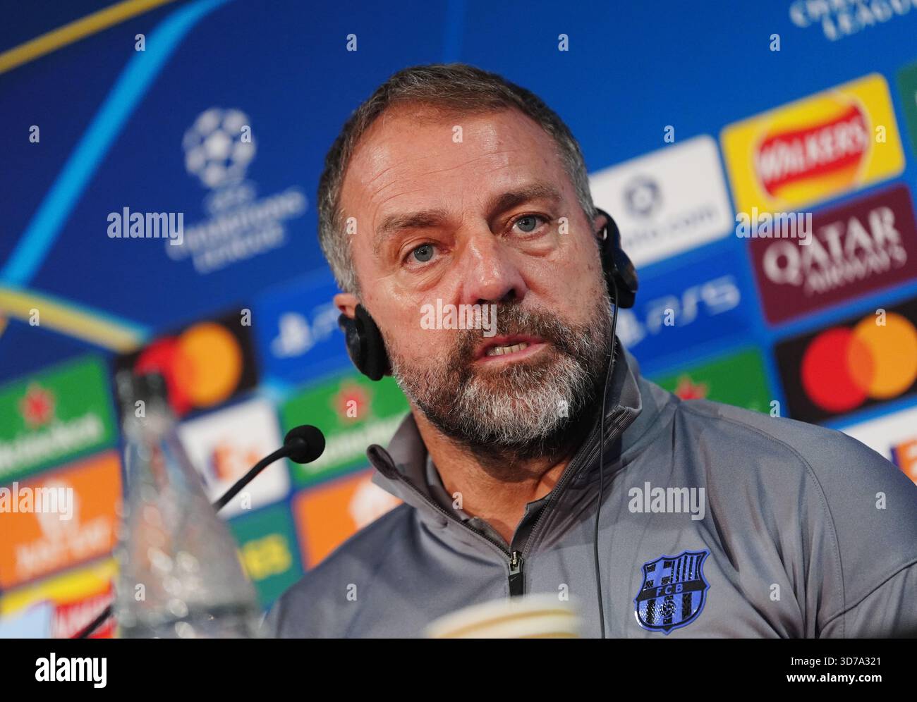 Barcelona manager Hansi Flick during a press conference at Stamford ...