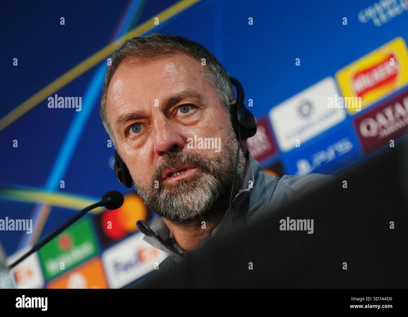 Barcelona manager Hansi Flick during a press conference at Stamford ...