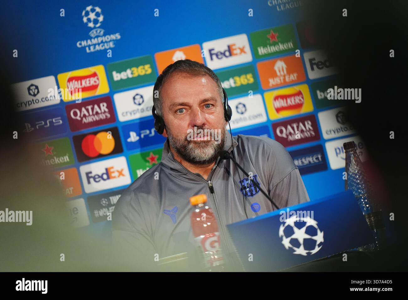 Barcelona manager Hansi Flick during a press conference at Stamford ...