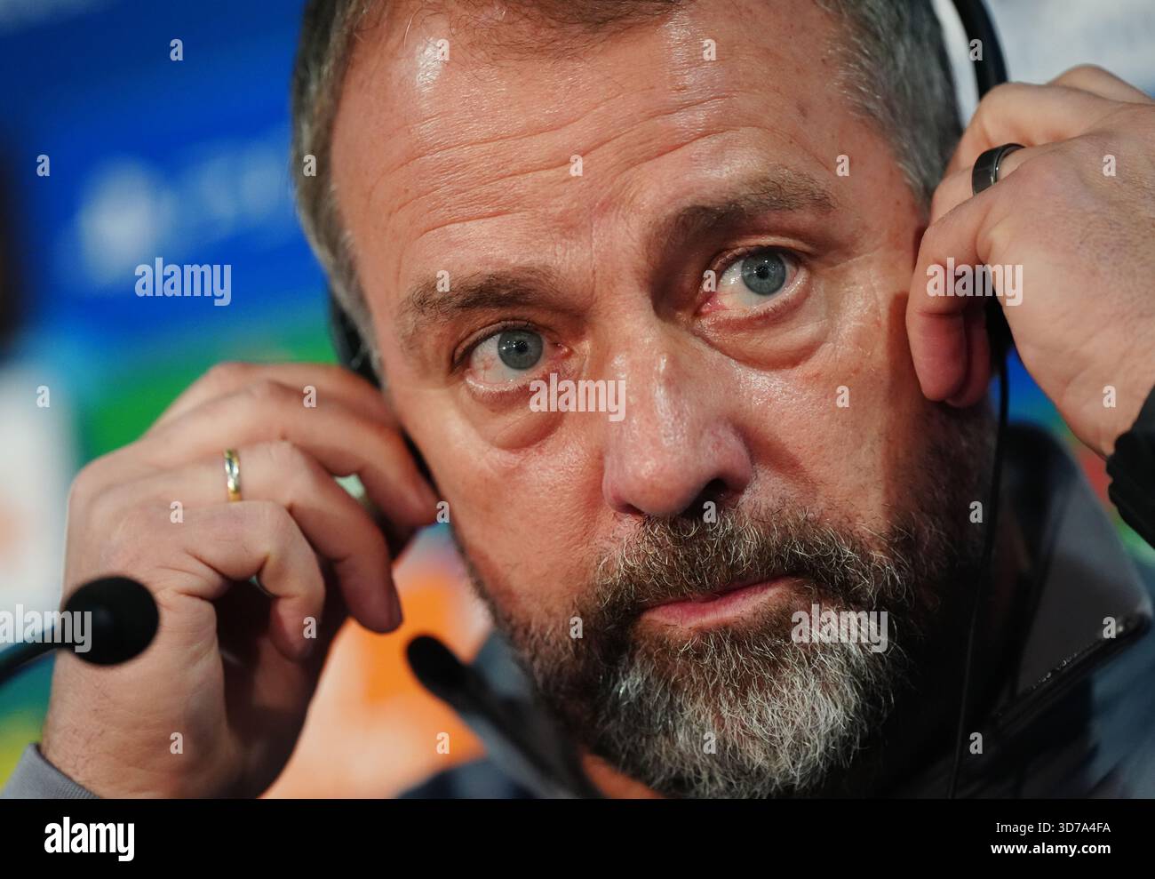 Barcelona manager Hansi Flick during a press conference at Stamford ...