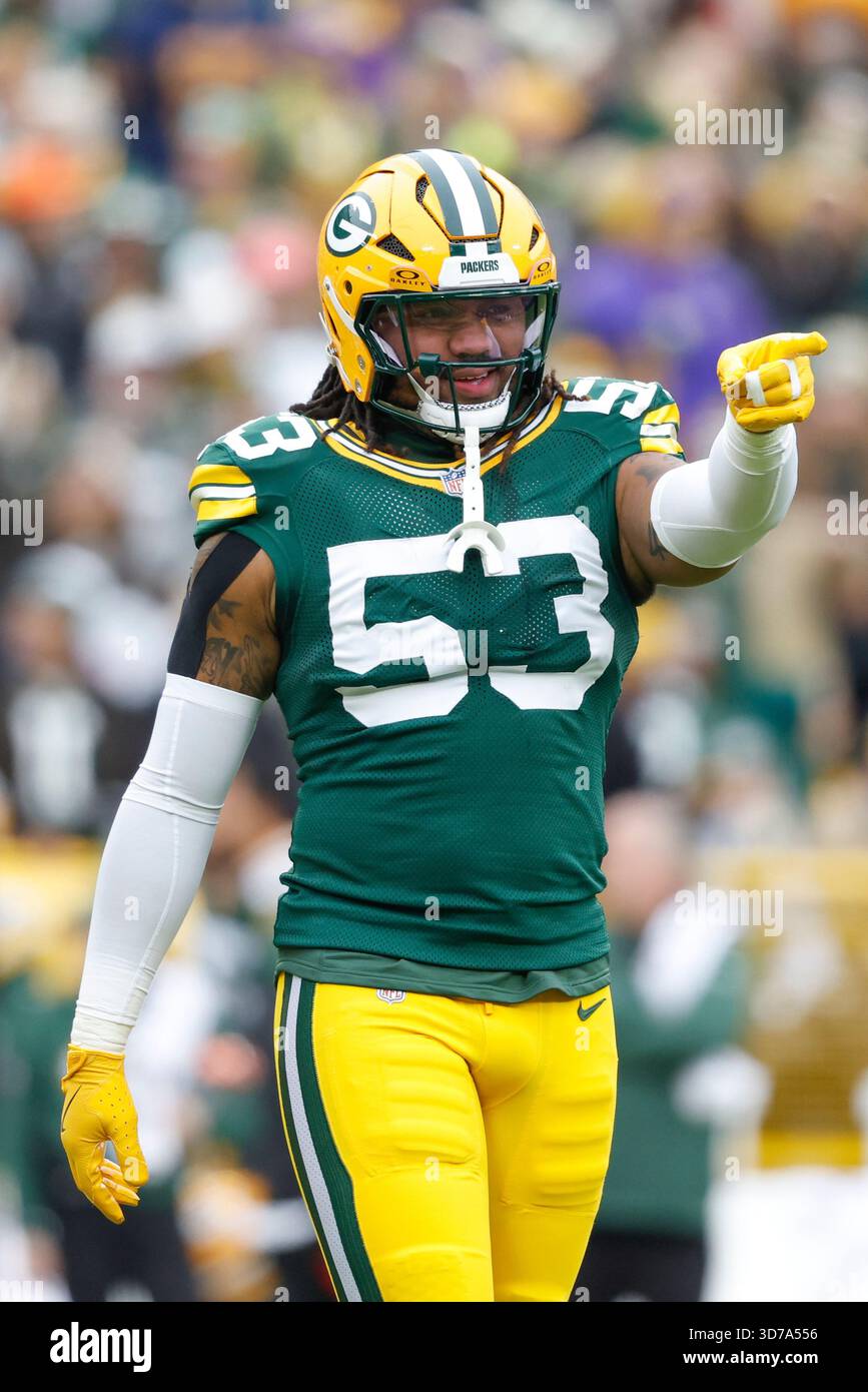 Green Bay Packers defensive end Arron Mosby (53) reacts during an NFL ...
