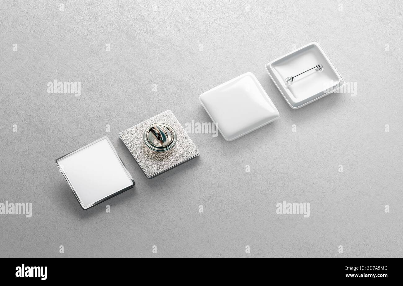 Blank white square pin mockup set, gray background, 3d rendering. Empty ...