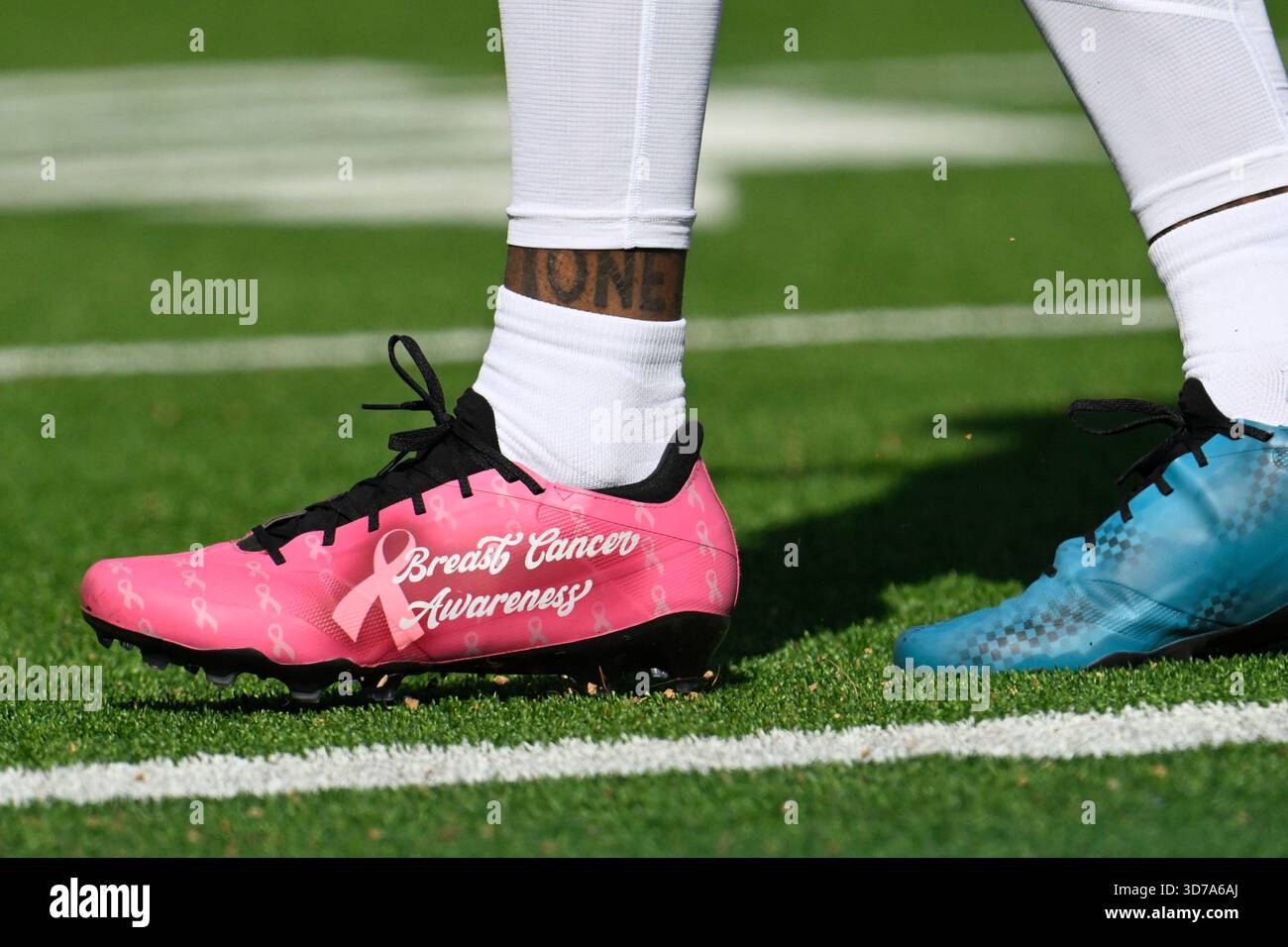 Seattle Seahawks quarterback Jalen Milroe's cleats are shown before an ...