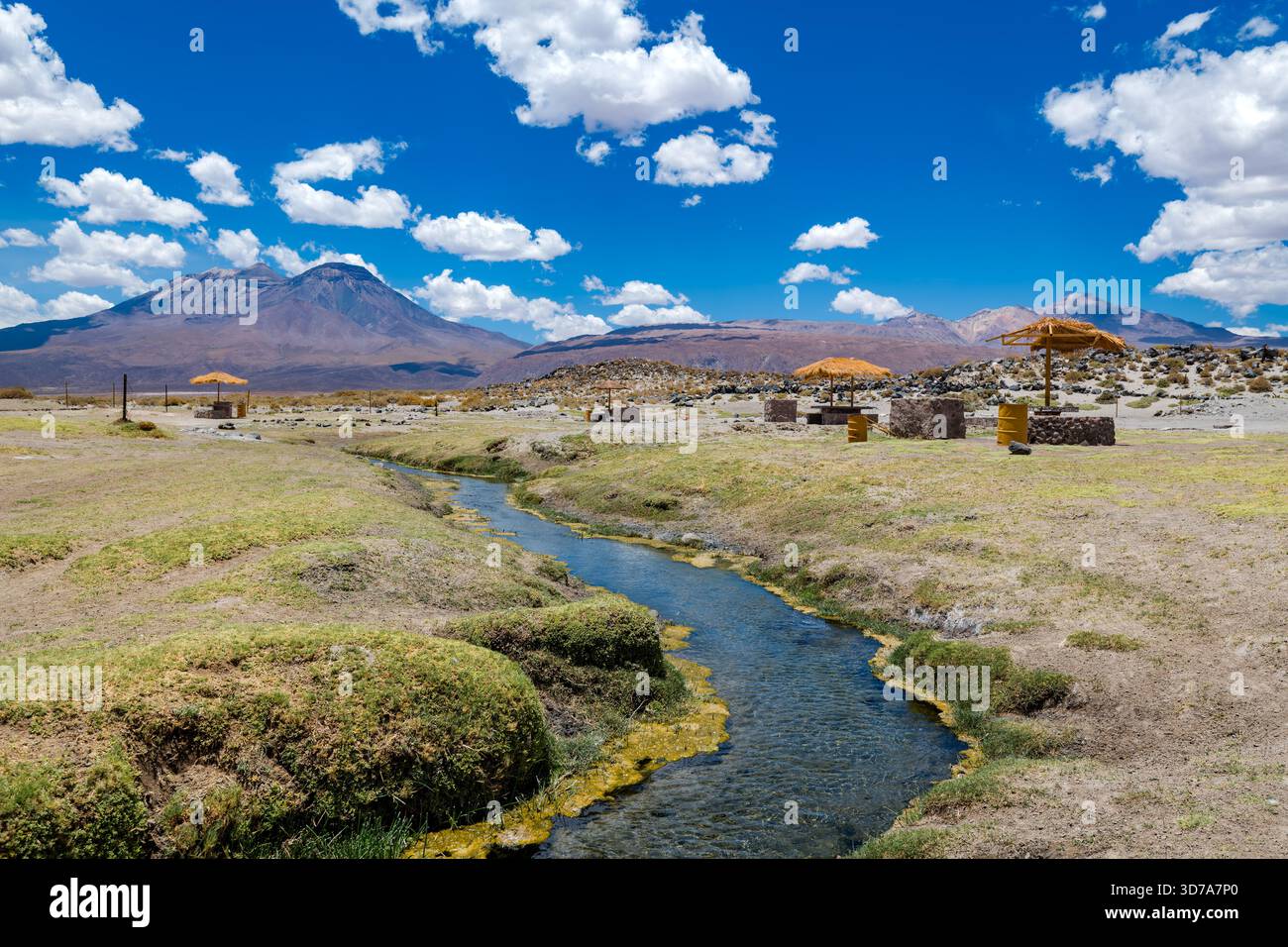 A view of simple tourist infrastructure and a flowing stream in the ...