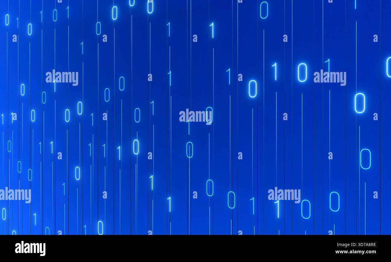 Close up abstract digital binary code moving up and down agains blue background. Abstract binary ...