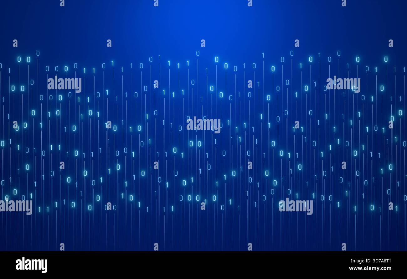 Abstract digital binary code moving up and down agains blue background. Abstract binary code ...