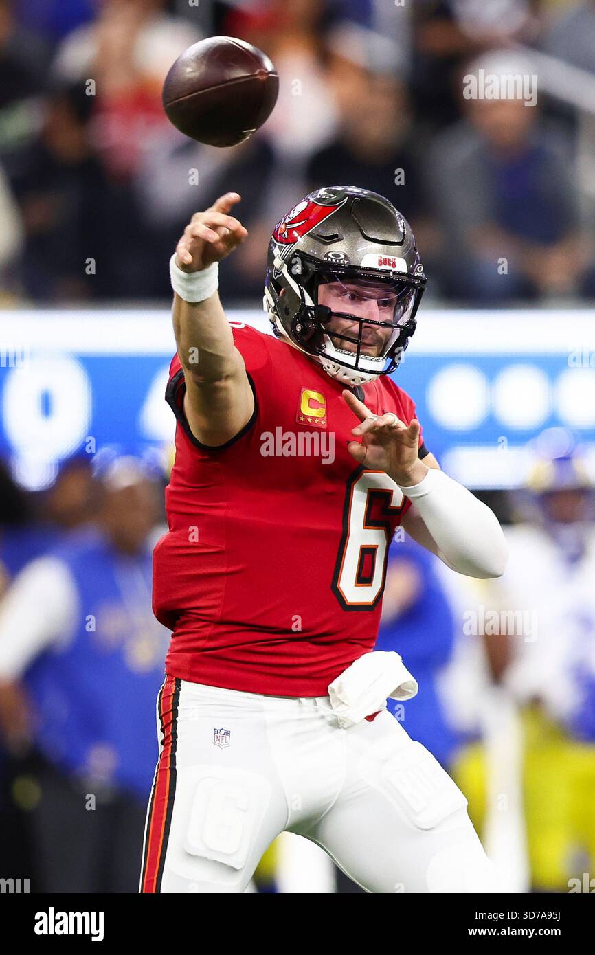 Tampa Bay Buccaneers quarterback Baker Mayfield (6) throws during the first half of an NFL ...