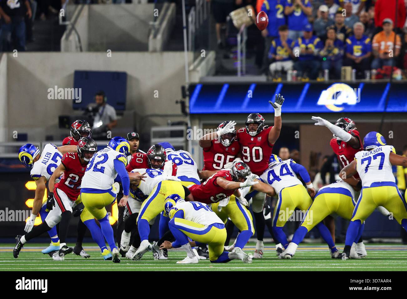 Los Angeles Rams place kicker Harrison Mevis (92) kicks during the ...