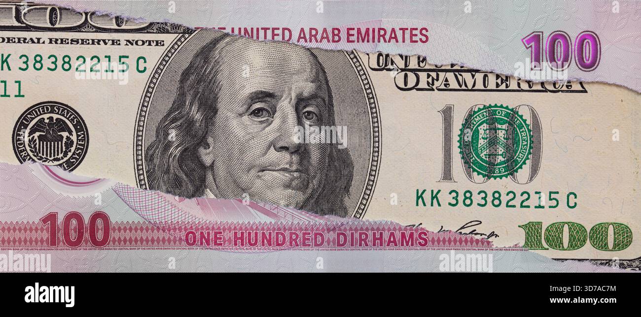 Torn UAE One Hundred Dirham Banknote Revealing US One Hundred Dollar ...