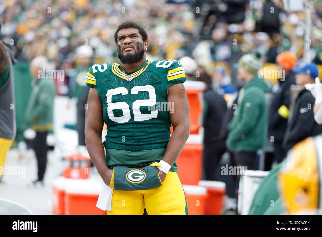 Green Bay Packers center Jacob Monk (62) during an NFL football game ...