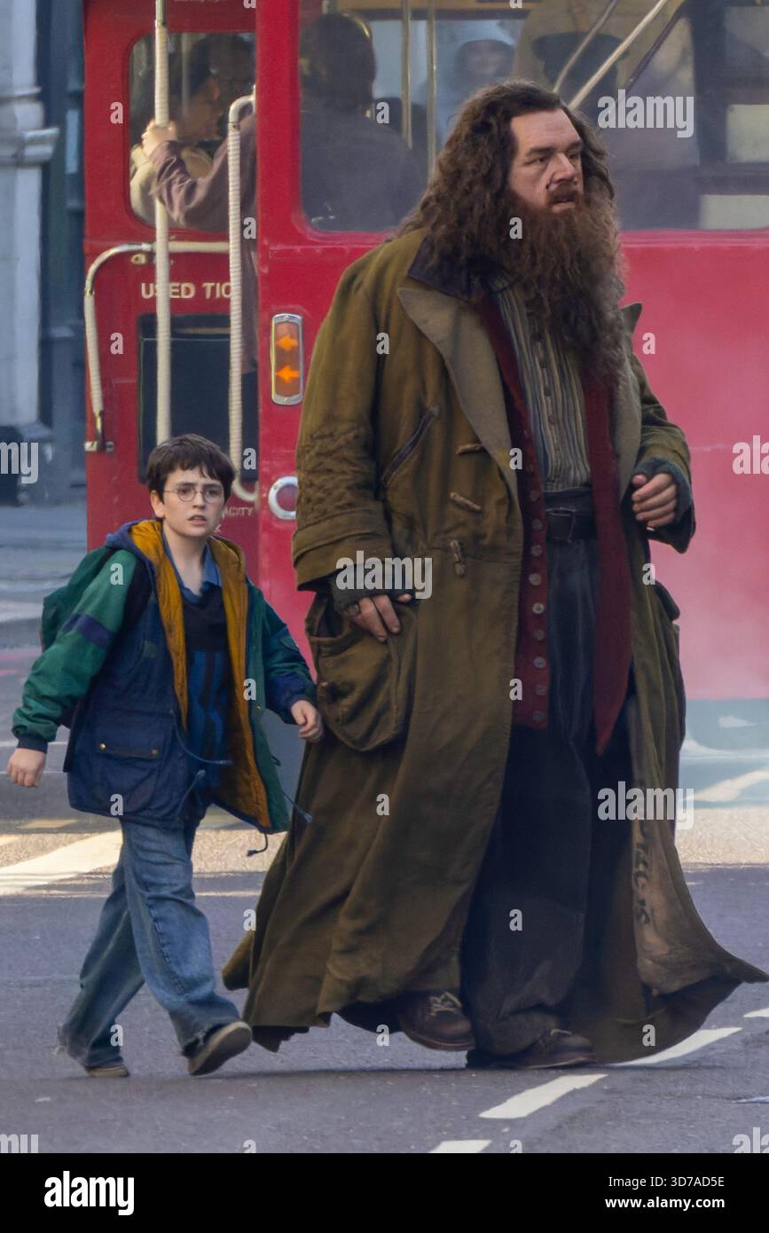 Actors Nick Frost (as Hagrid) and Dominic McLaughlin (as Harry Potter ...