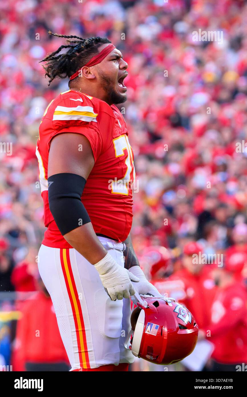 Kansas City Chiefs offensive tackle Kingsley Suamataia celebrates after ...