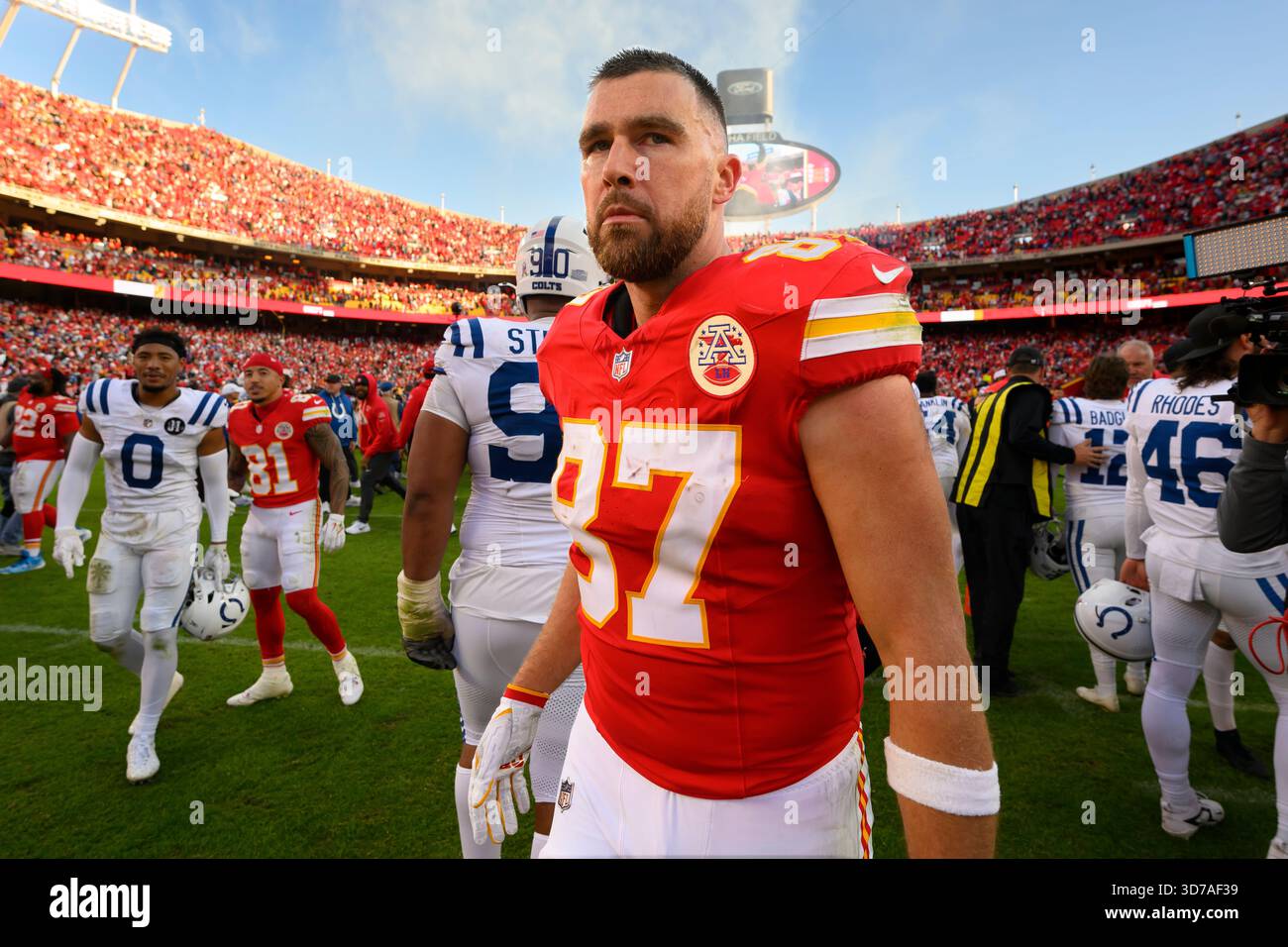 Kansas City Chiefs tight end Travis Kelce (87) leaves the field after their win against the ...
