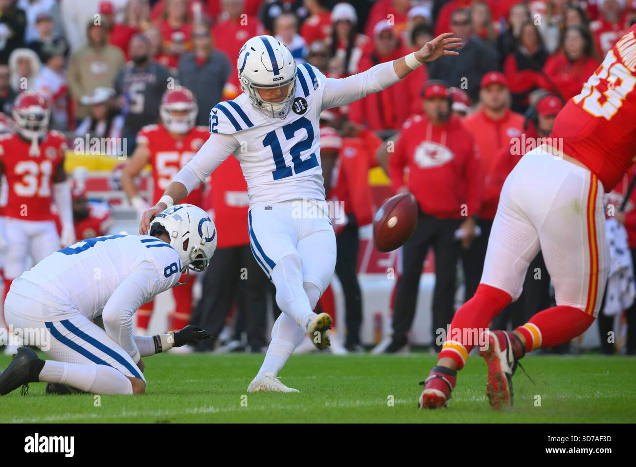 Indianapolis Colts place kicker Michael Badgley (12) kicks a field goal ...