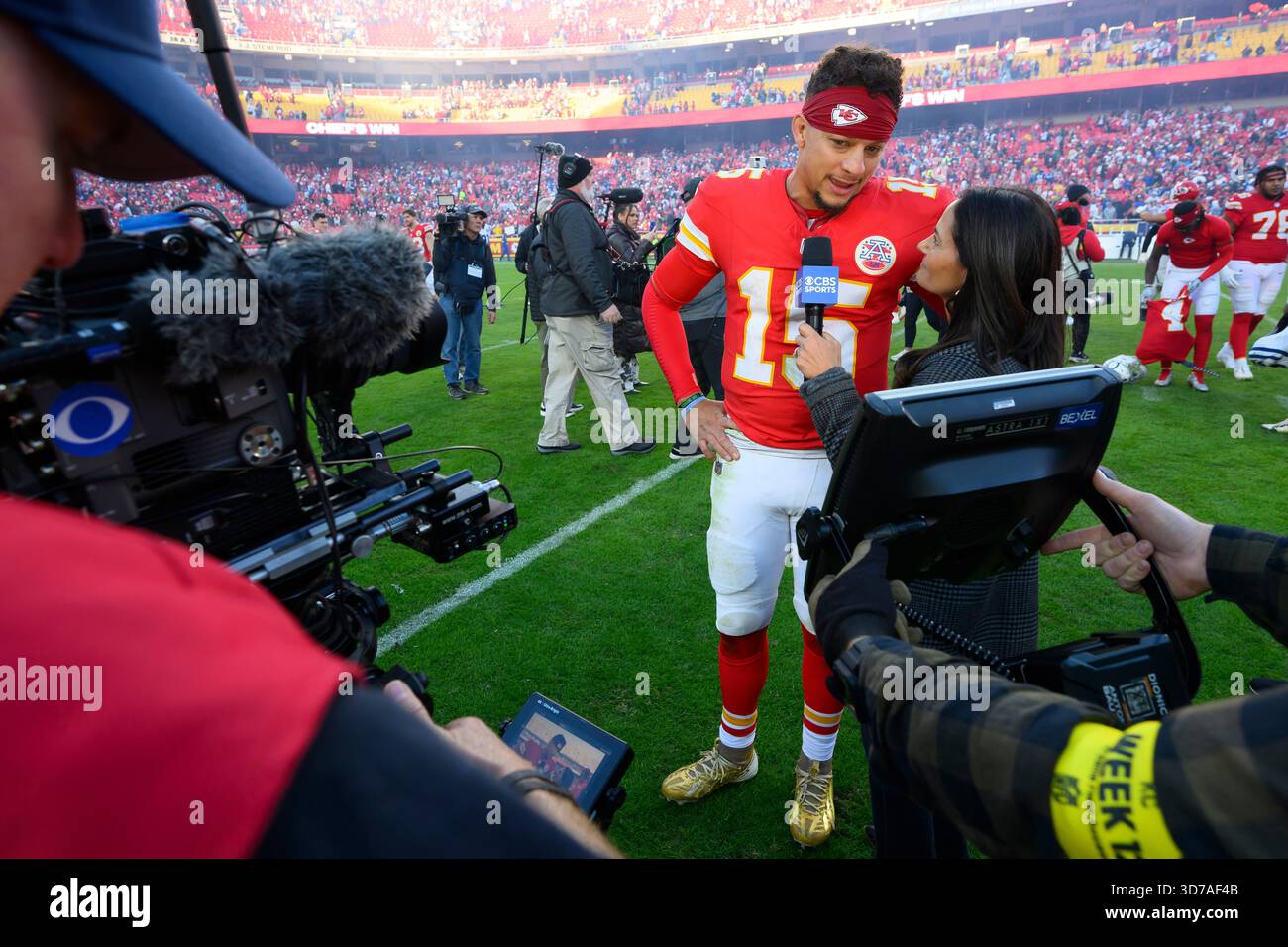 Kansas City Chiefs quarterback Patrick Mahomes gives an interview to ...