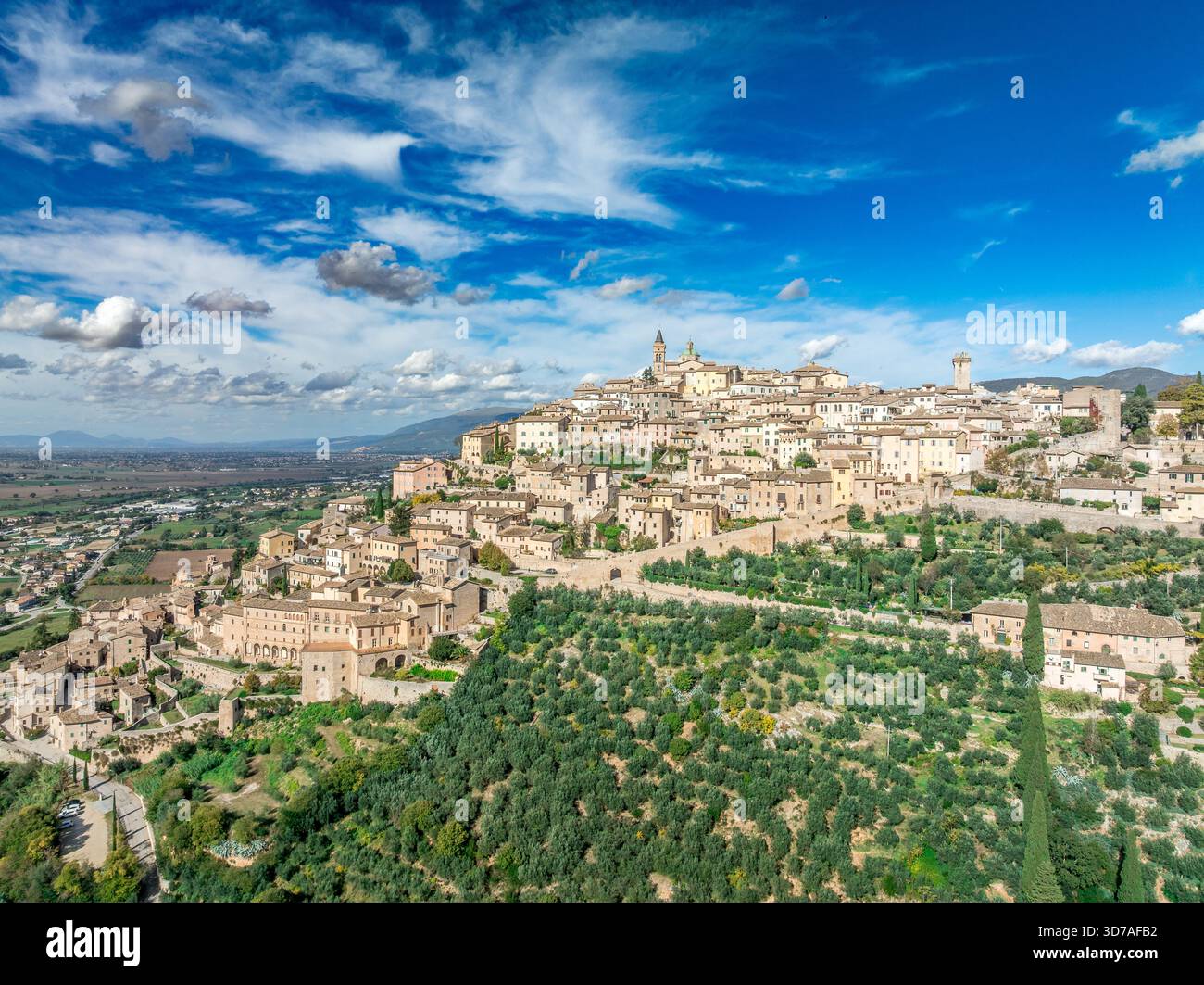 Aerial view Trevi, Umbria: Medieval Hilltop town with Olive Groves ...