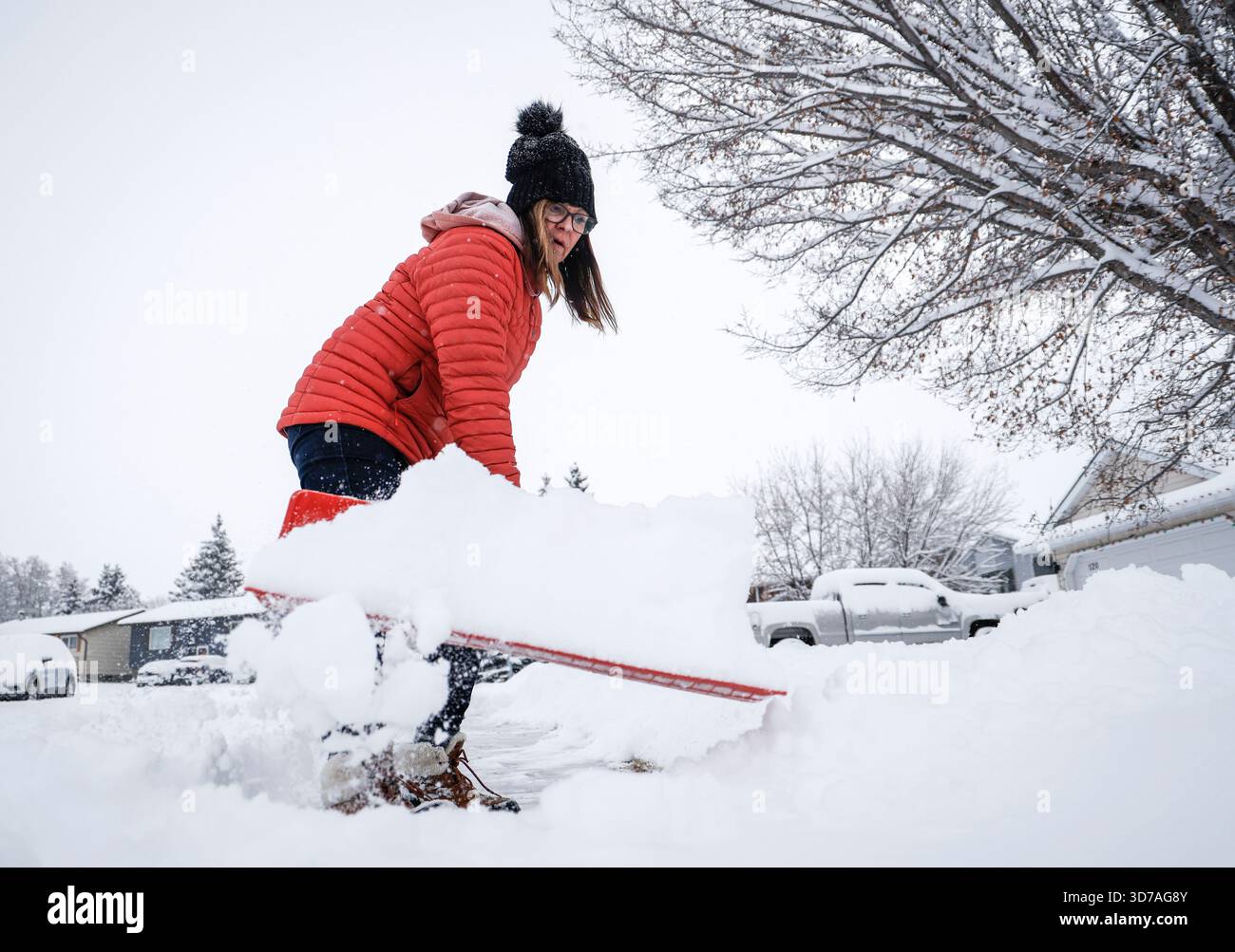 Karen O'Connor shovels snow from her sidewalk in Cremona, Alta., Monday ...