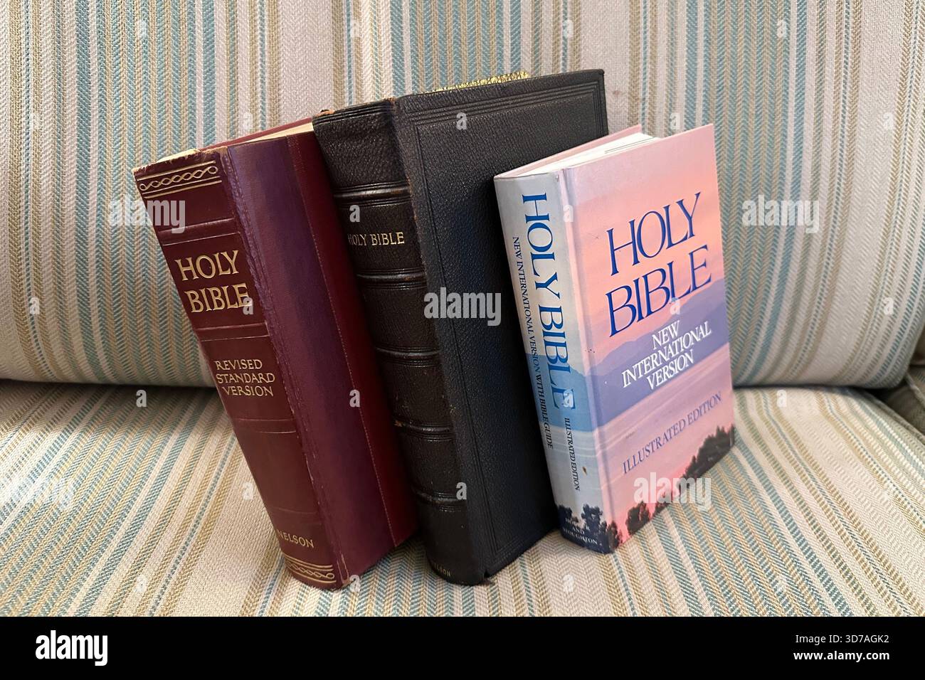 Three bibles sit on a couch Monday, Nov. 24, 2025, in Brooklyn, New ...